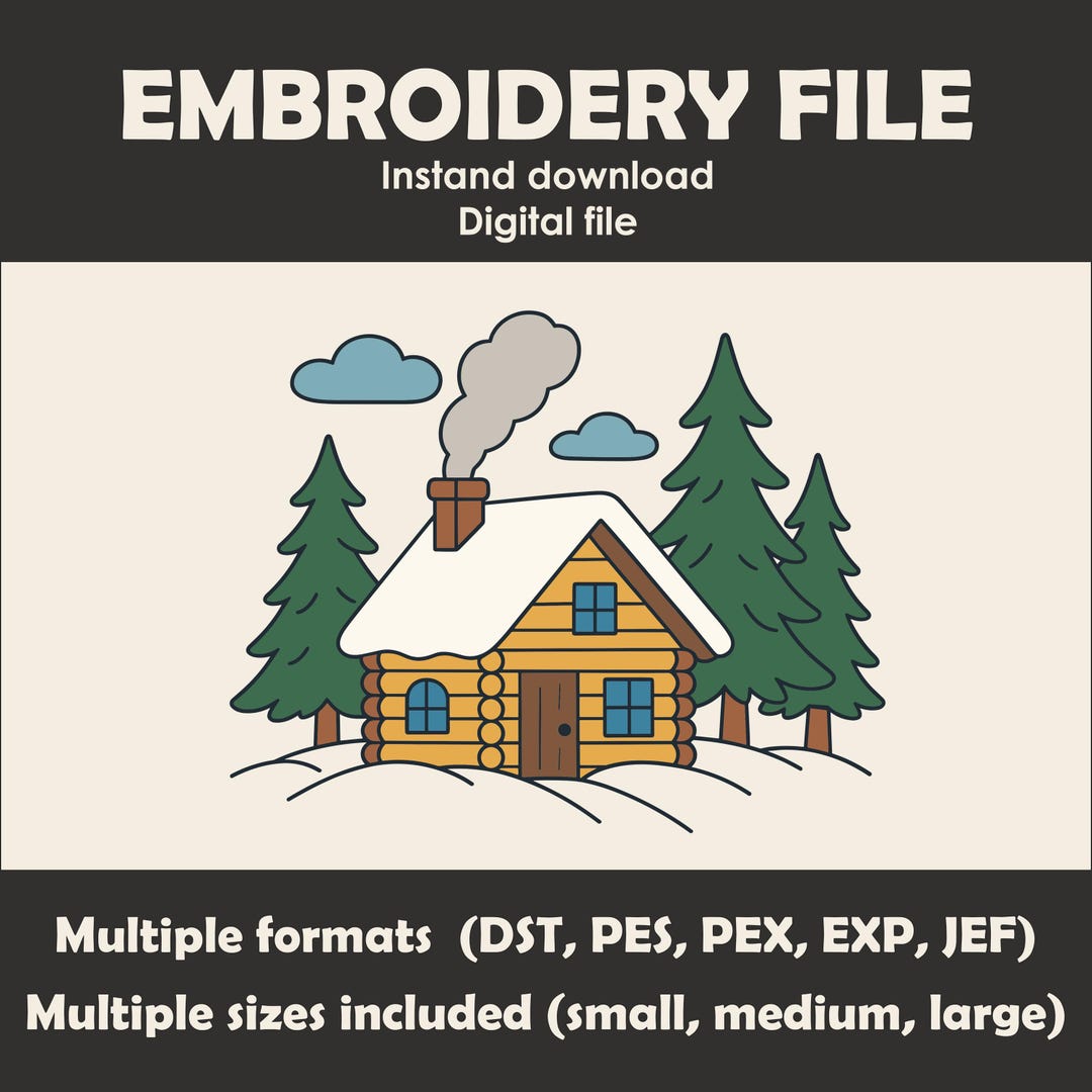 Winter Chalet Embroidery Design: Snow-covered Cabin & Pines, Christmas ...