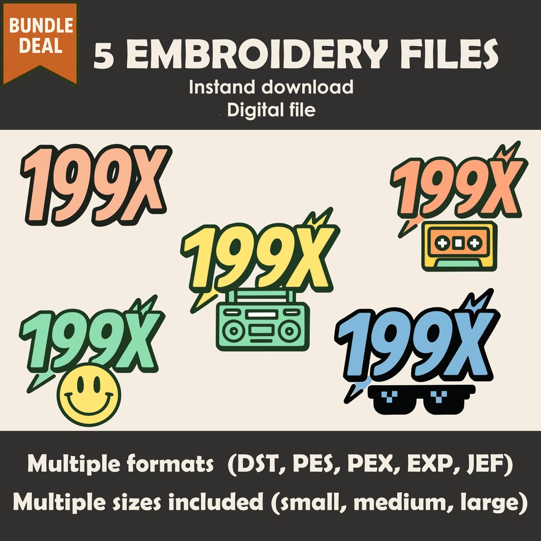 Retro 90s Embroidery Designs: 199X Cassette, Smiley (digital Download ...