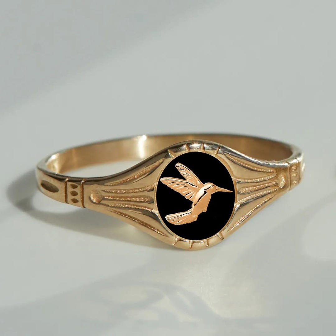 Hummingbird Signet Ring 925 Sterling Silver, Gold Plated Enamel Bird ...