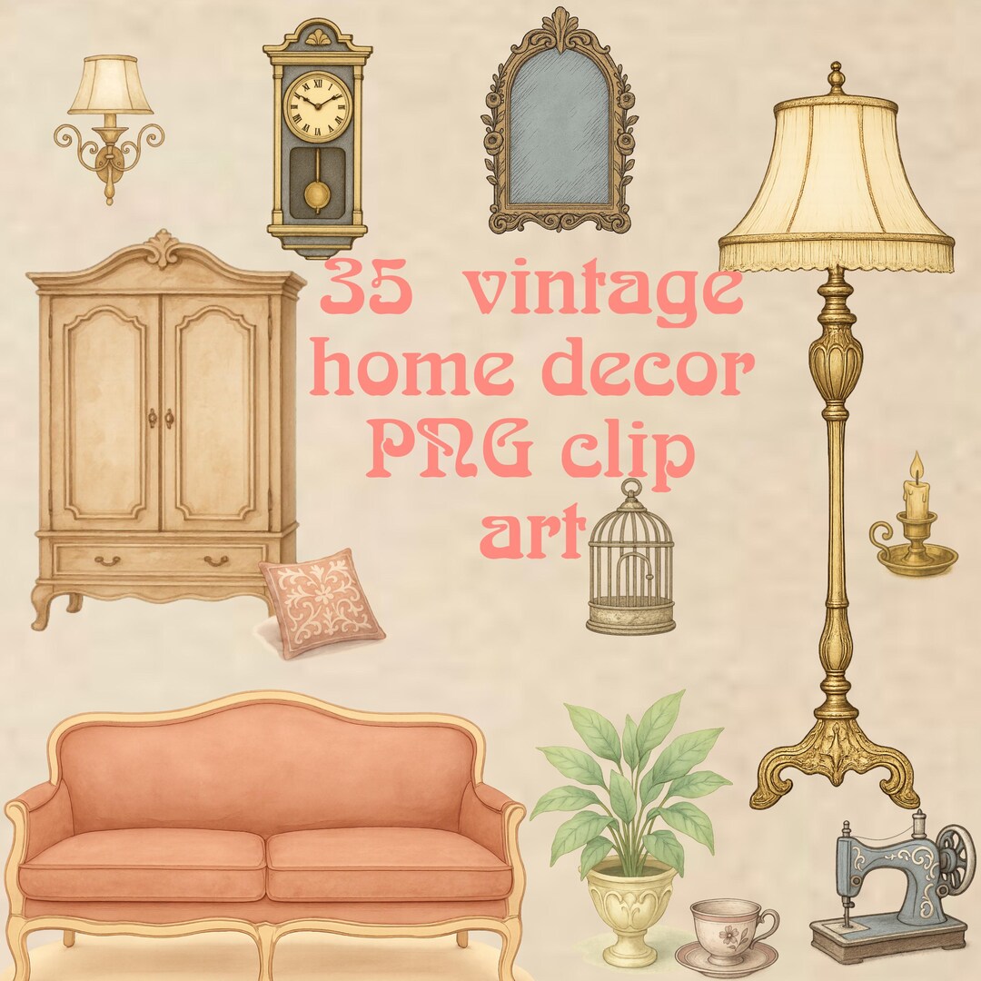 Vintage Home Decor PNG Clip Art Bundle | Retro Interior Design ...