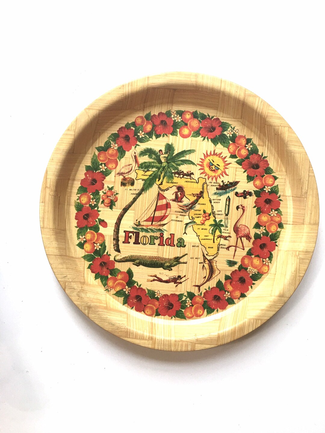 Vintage Florida Round Bamboo Tray Dish State Plate Metal Souvenir Dish ...
