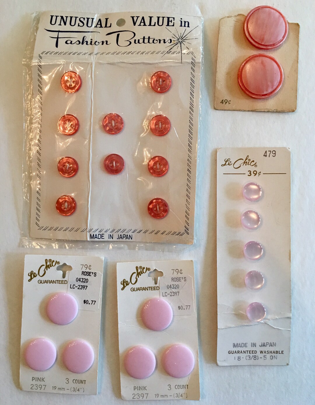 Vintage Pink Buttons on Cards All Sizes 23 Buttons Baby Girl Buttons ...