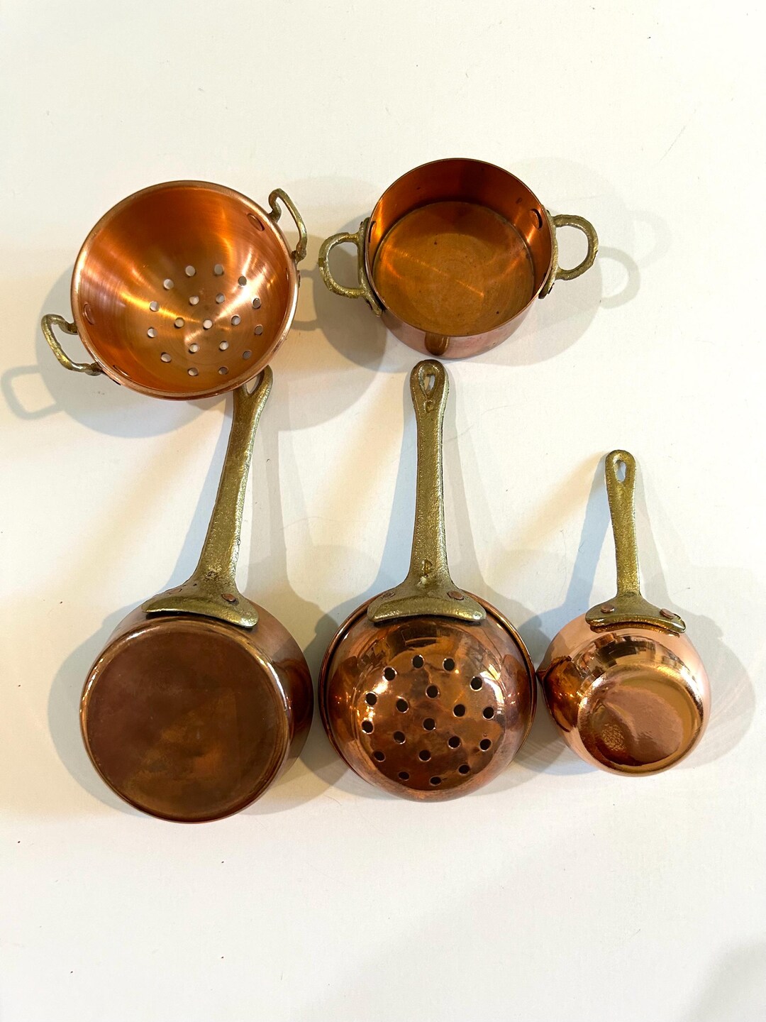 Vintage Miniature Cooper Pot Set of 5 Doll Pots Pans Colander Small ...