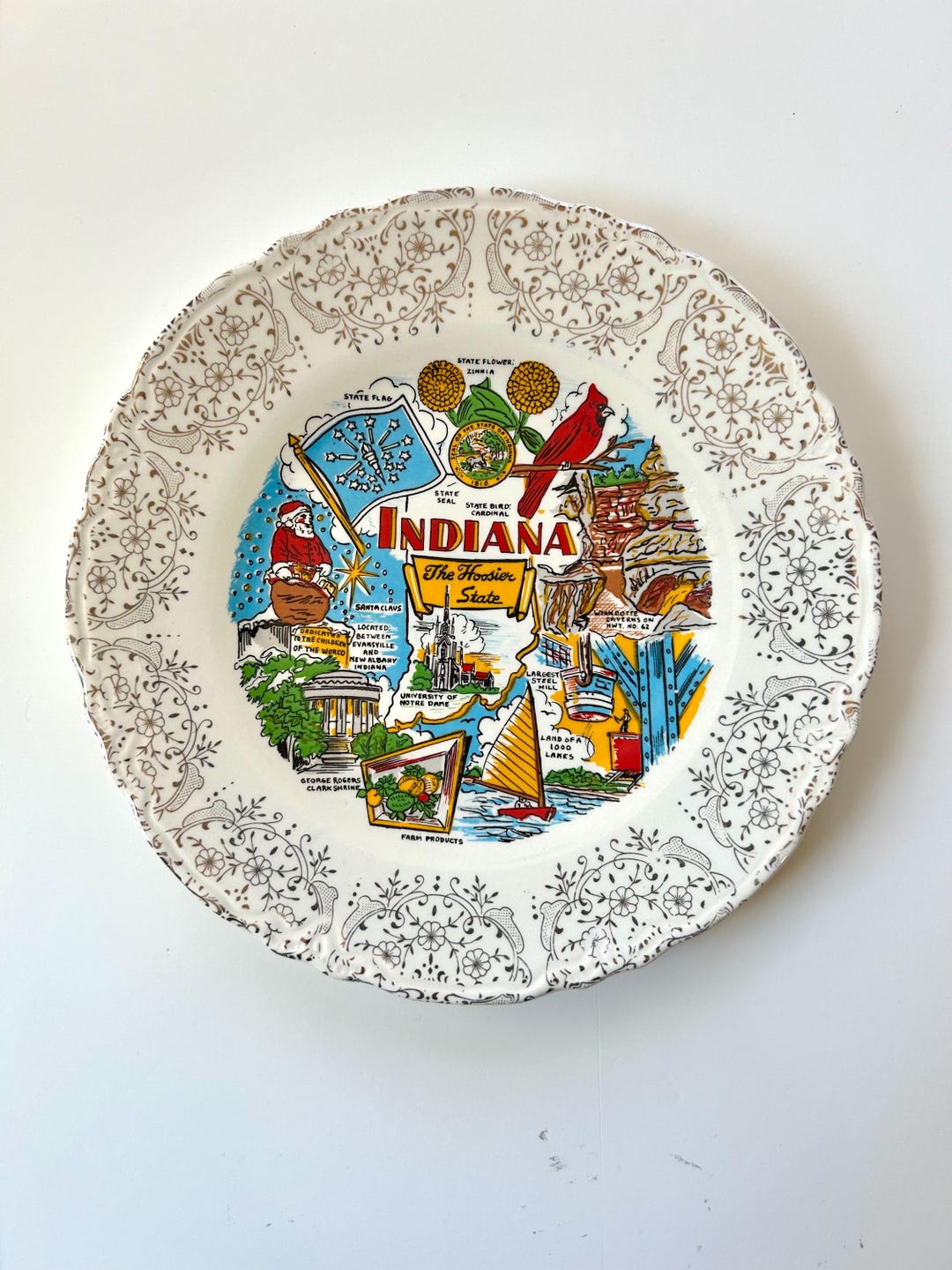 Vintage Indiana State Plate Ceramic Souvenir Dish Plate Gold Trim Retro ...