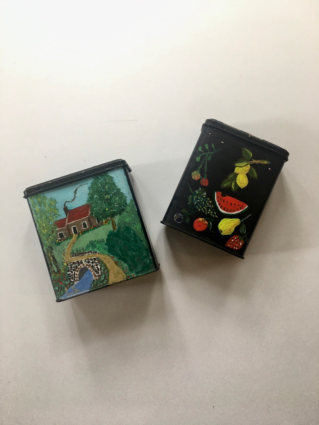 Vintage Folk Art Hand Painted Tin Boxes With Fruit and Pretty Scene Set ...