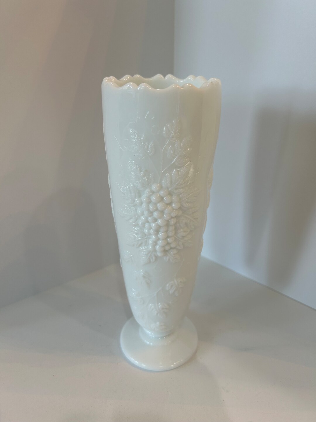 Vintage Tall White Milk Glass Large Vase With Scalloped Edge and 3d ...