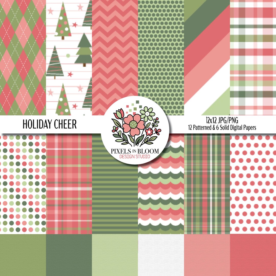 Holiday Cheer Christmas Digital Paper | Red, Pink, Green Patterned ...