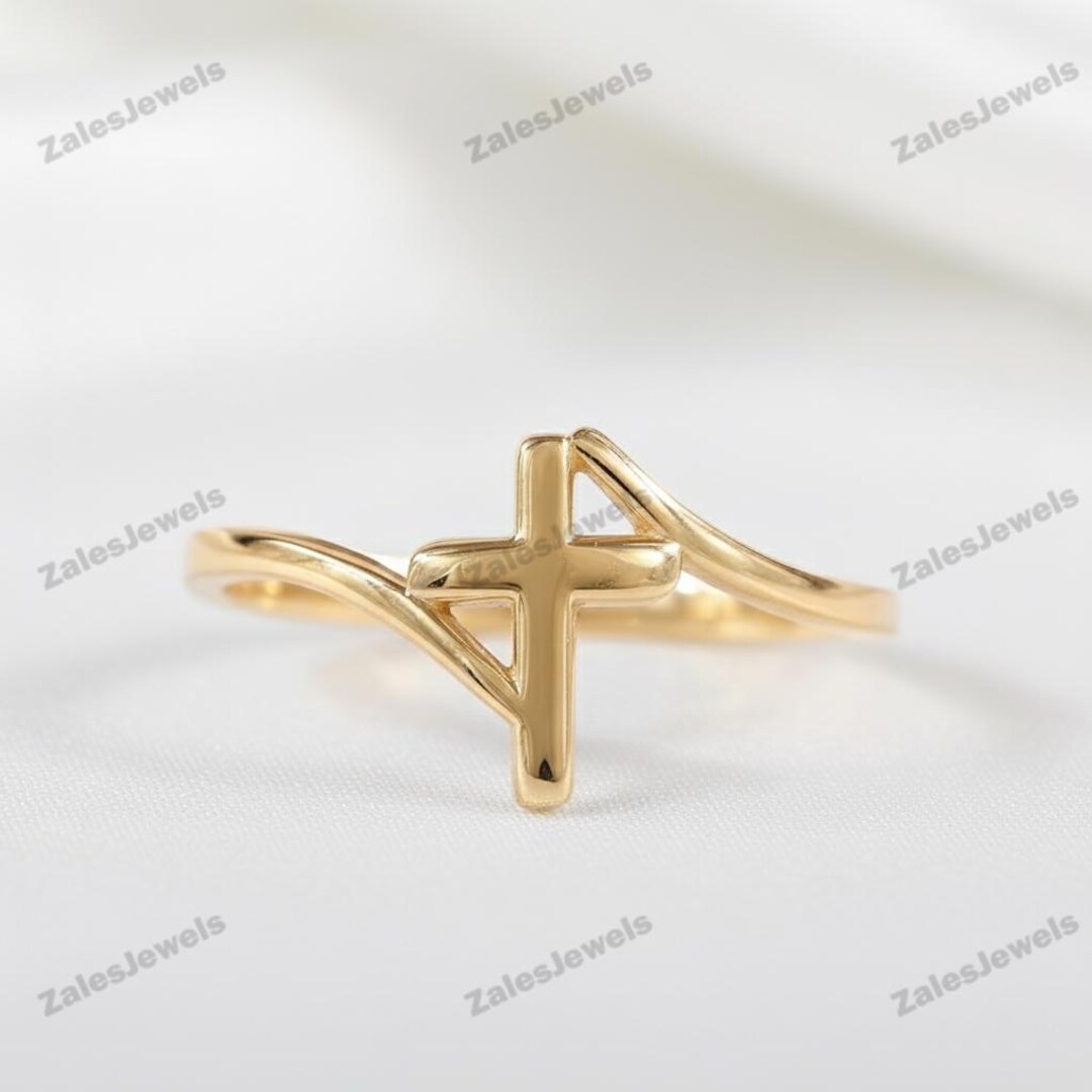 14K Solid Gold Ring Cross Religious Minimalist Dainty Christian Cross ...