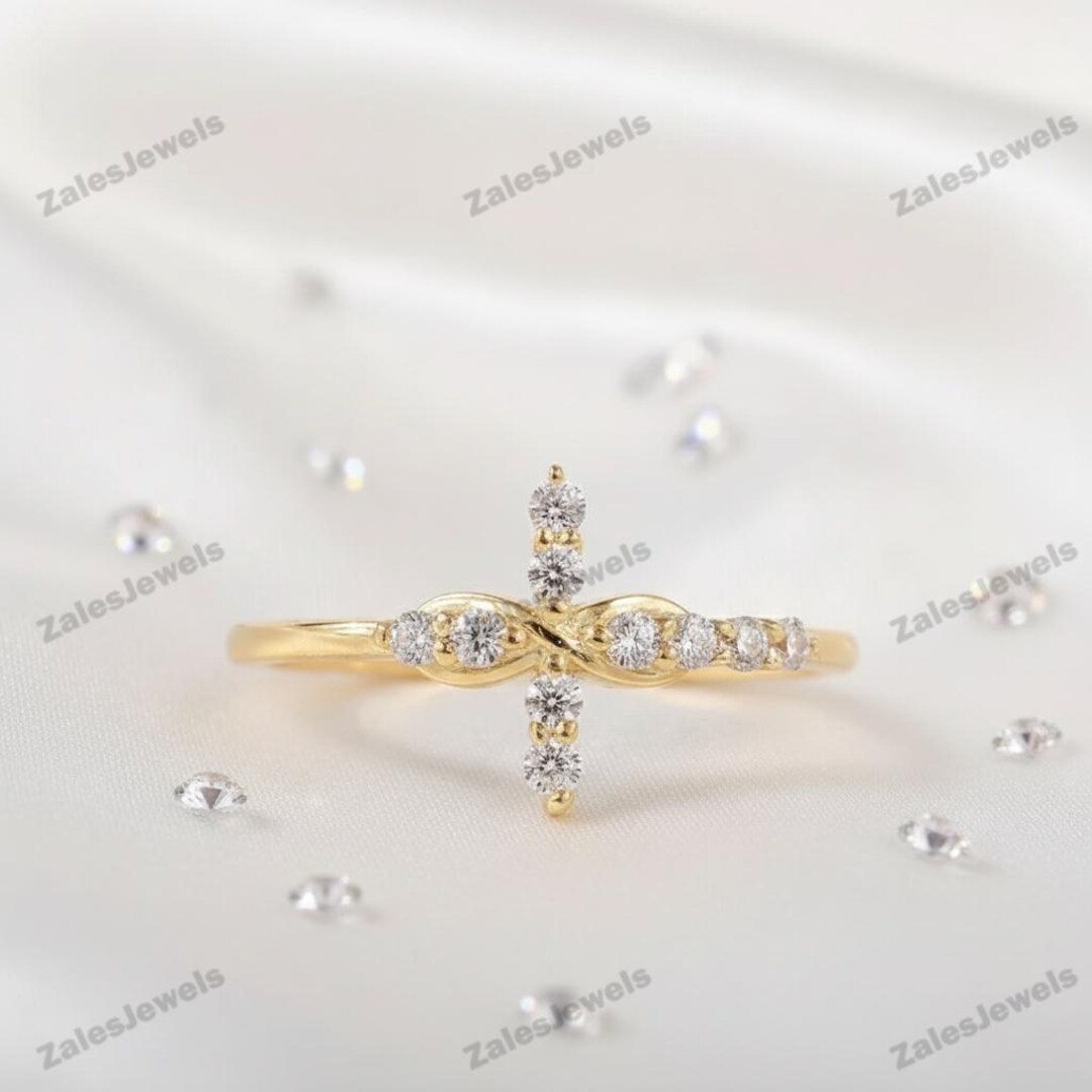 Solid Gold Ring Gold Diamond Cross Minimalist Rings Gift for Her ...