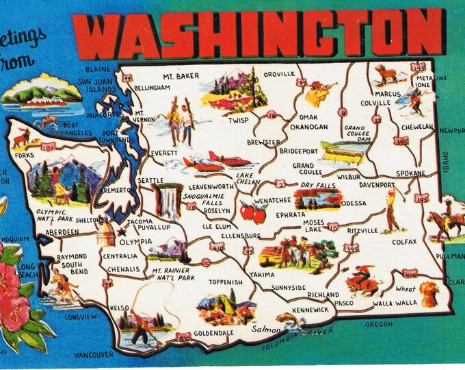 Vintage Map Postcard Washington State Greetings - Etsy