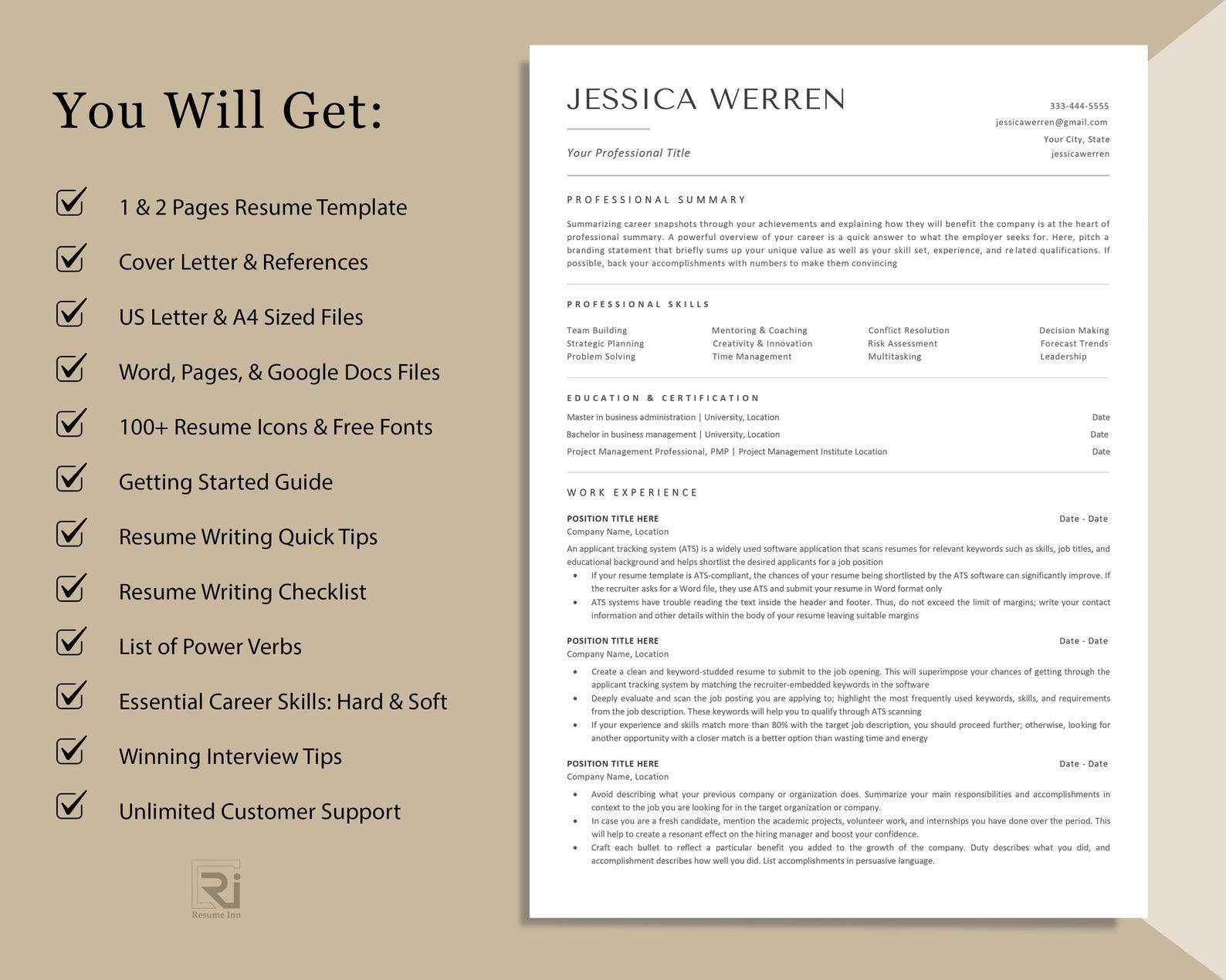 ATS Friendly Resume Template Word, Mac Pages, Google Docs, ATS ...