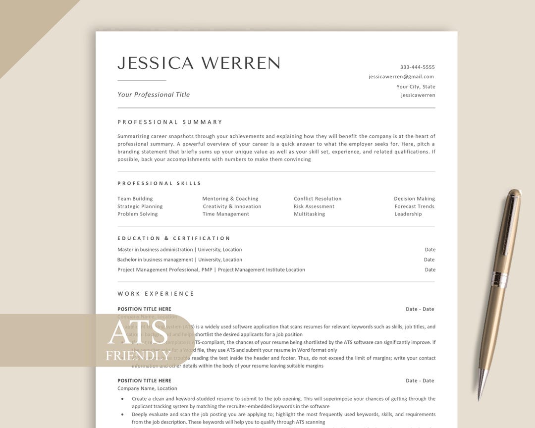 ATS Friendly Resume Template Word, Mac Pages, Google Docs, ATS ...