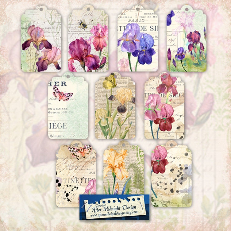 Iris Tags Junk Journal Tags Scrapbook Tags Vintage style | Etsy