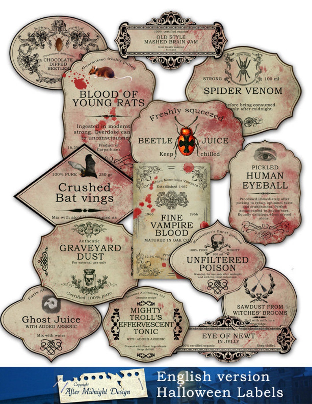 English Halloween Labels: Spooky Gift Tags, (digital Download) - Etsy