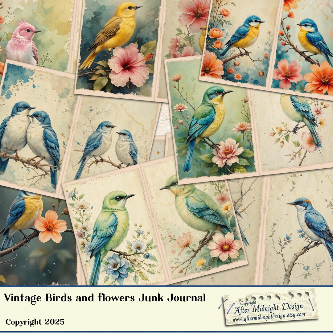 Vintage Bird Junk Journal Pages, Digital Floral Scrapbook Paper Kit ...