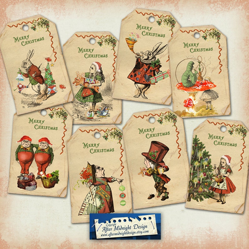 Alice in Wonderland Christmas Cards Tags Colourful Alice in - Etsy