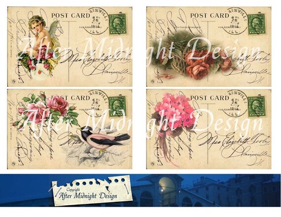Postcards No 4 Digital Sheet with Flowers for Birthday Tags | Etsy