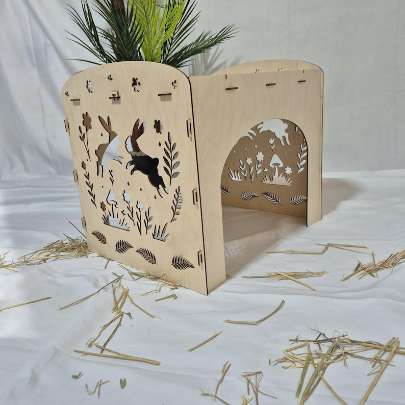 Large Wooden Bunny Hideout – Organic Rabbit House With Nature Cutouts ...