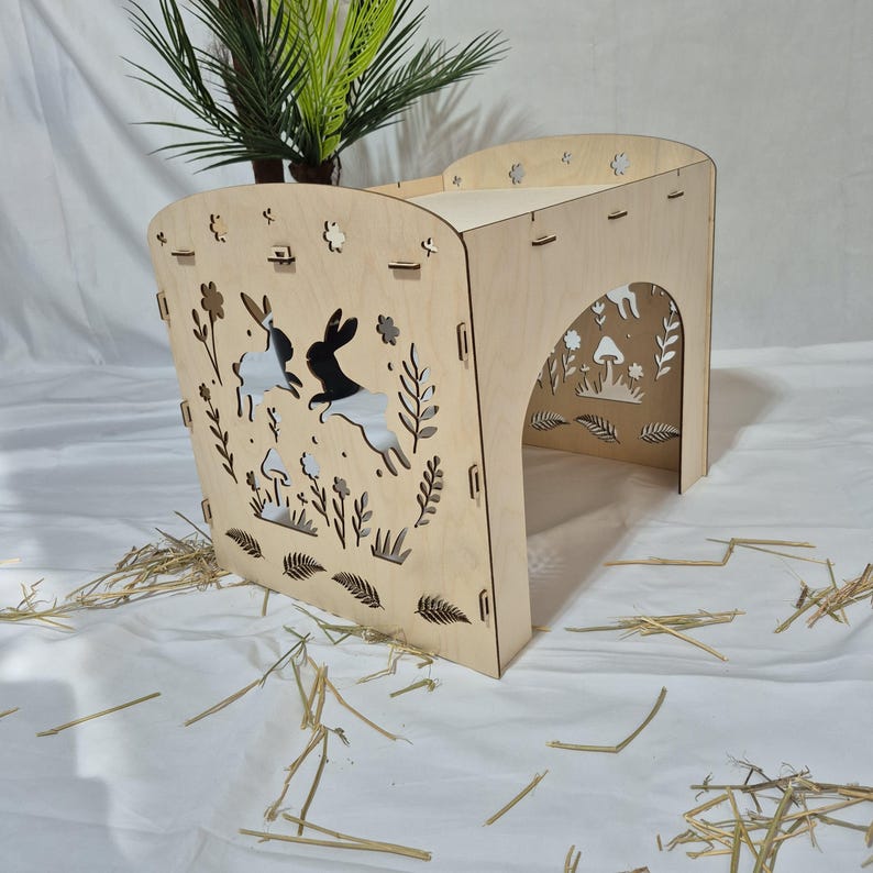 Large Wooden Bunny Hideout – Organic Rabbit House With Nature Cutouts ...