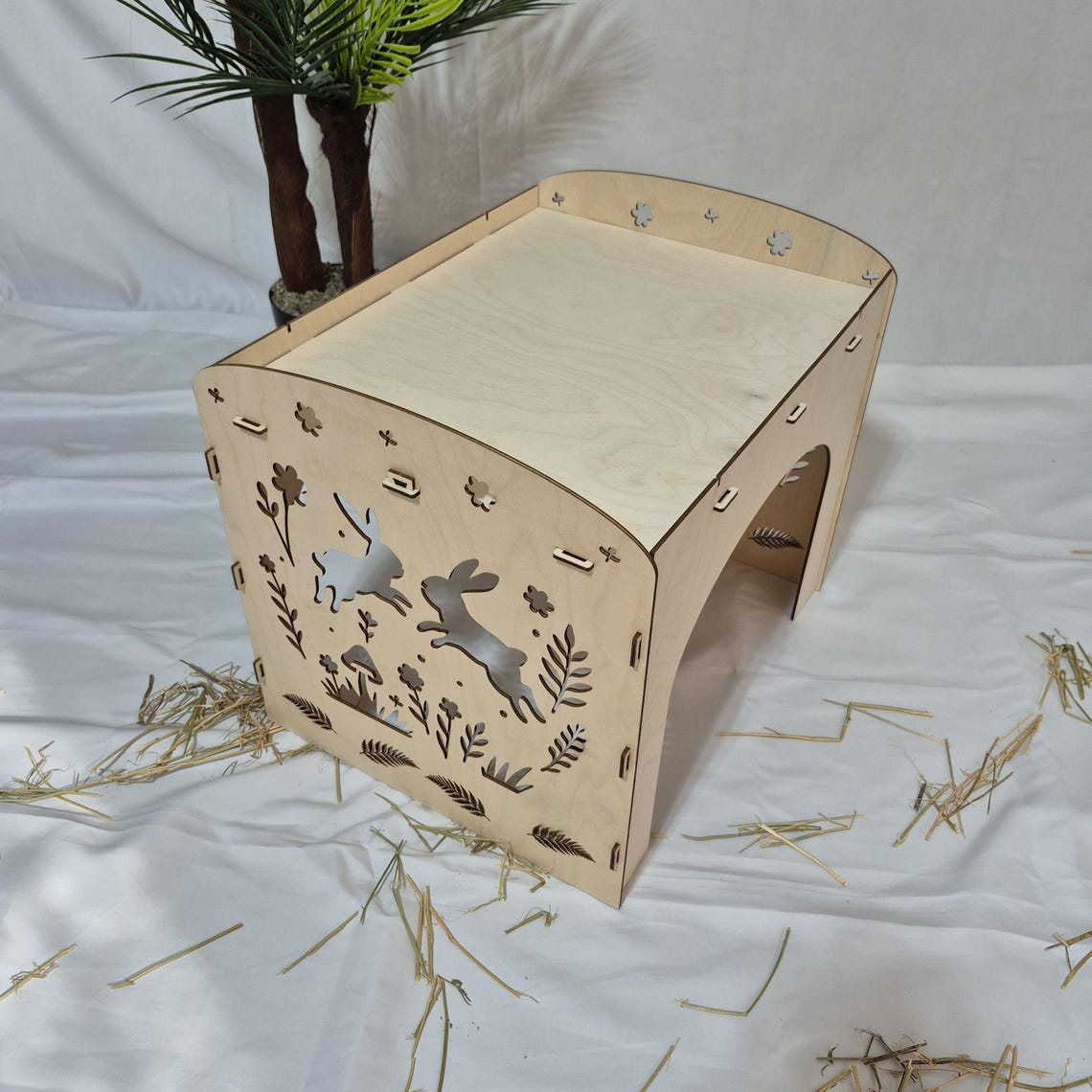 Large Wooden Bunny Hideout – Organic Rabbit House With Nature Cutouts ...