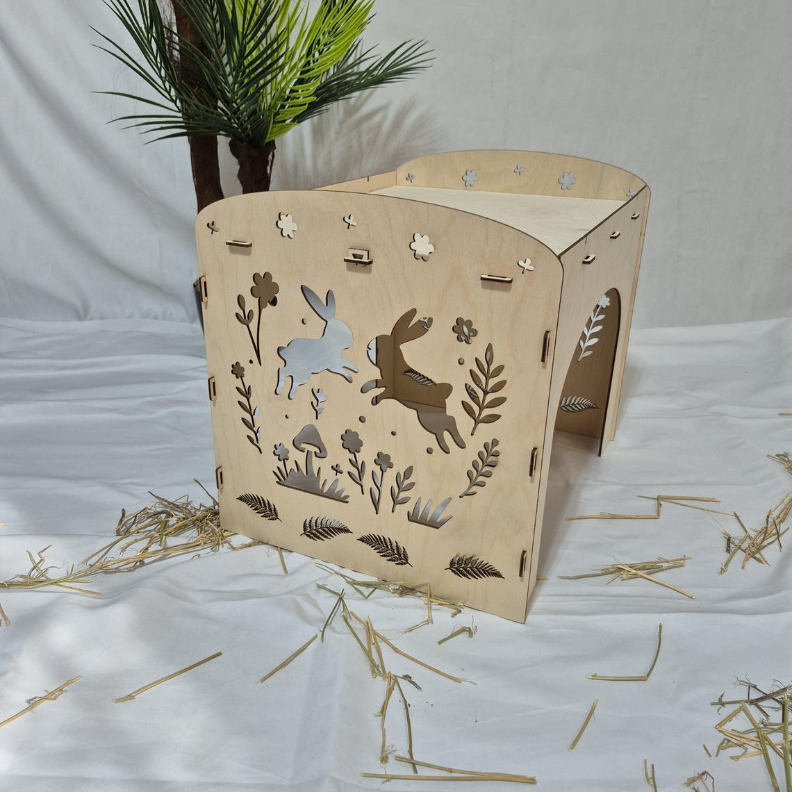 Large Wooden Bunny Hideout – Organic Rabbit House With Nature Cutouts ...