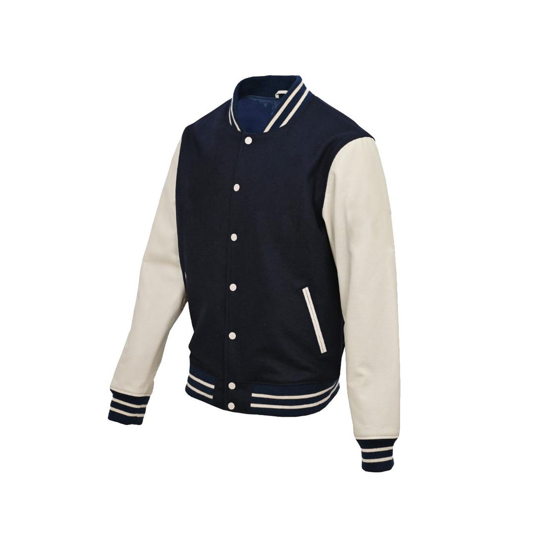 Men’s Varsity Jacket – Navy Blue Wool Body With Ecru Cowhide Leather ...