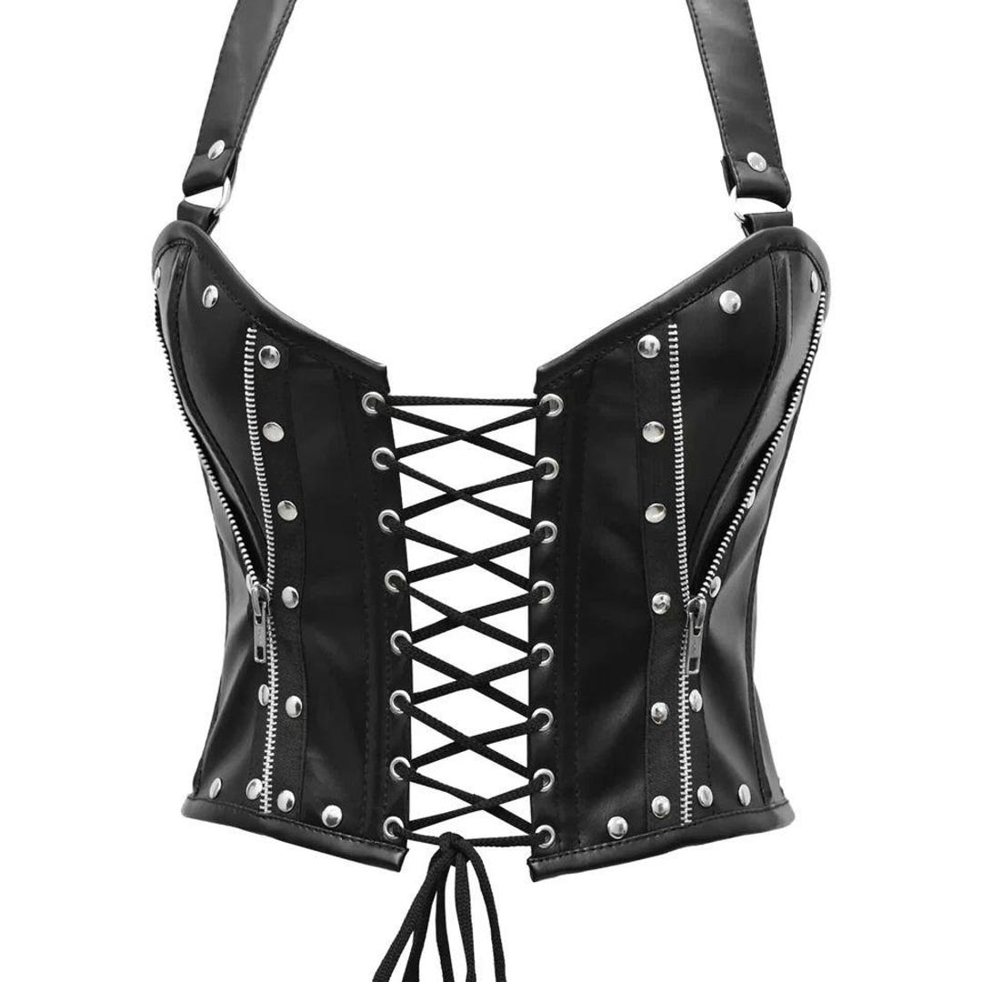 Genuine Leather Corset Top: Gothic Punk Lace-up Bustier With Rivets - Etsy