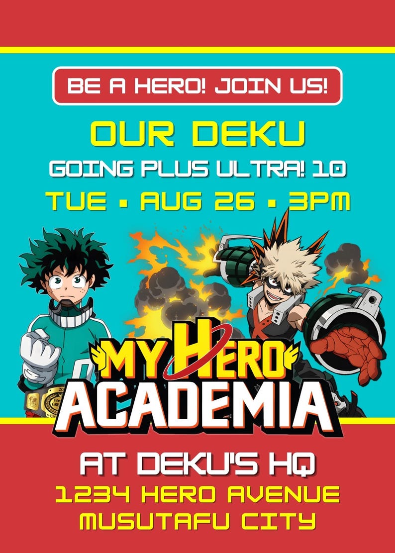 Editable My Hero Academia Birthday Invitation Canva Template, Instant ...