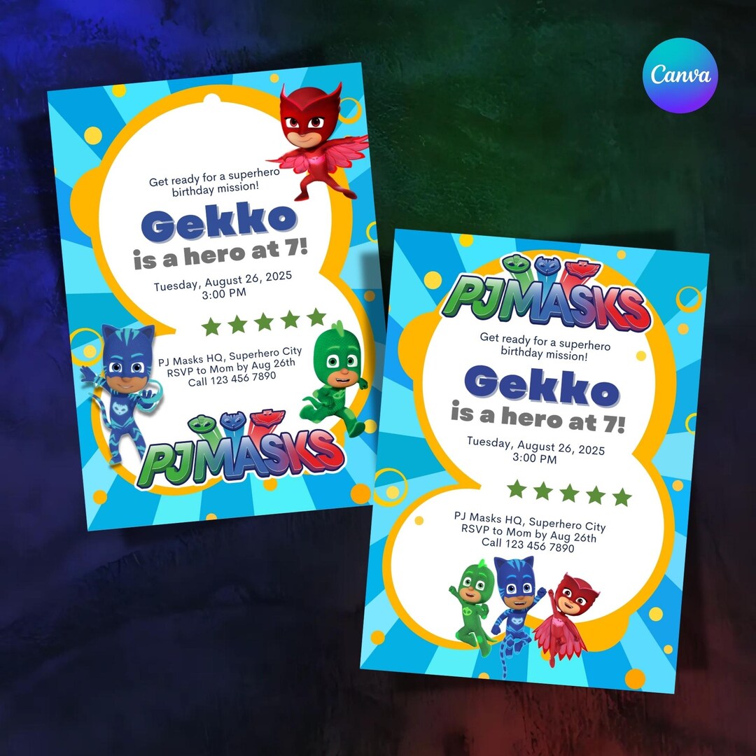 PJ Masks Birthday Invitation: Editable Canva Template (printable PDF ...