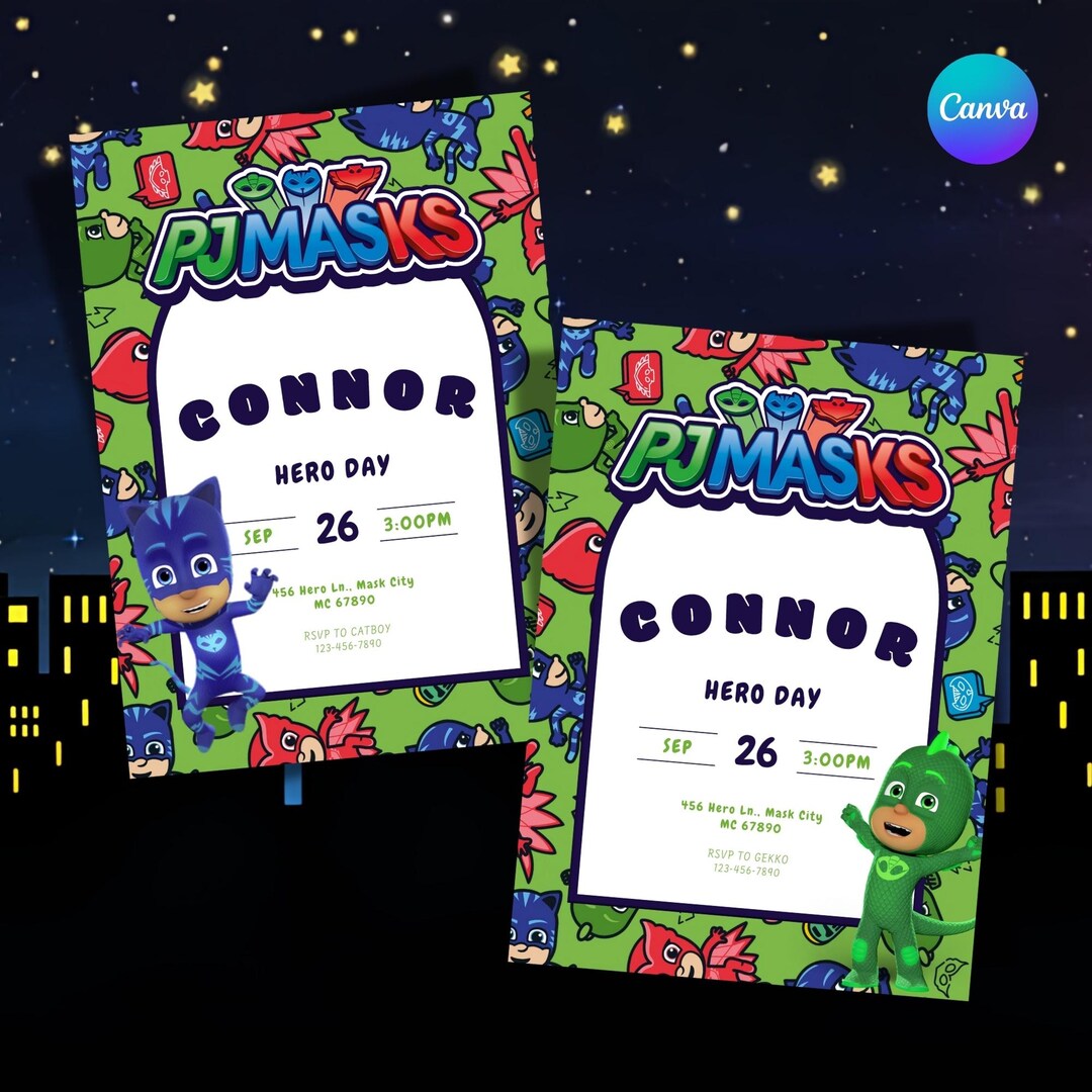 Editable PJ Masks Birthday Invitation Canva Template | Instant Download ...
