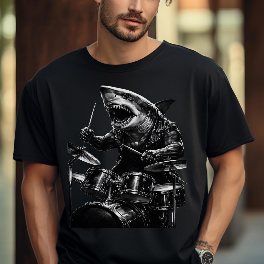 Shark 90s Grunge Drumming Shark Gift Rock Band Rock N Roll T-shirt ...