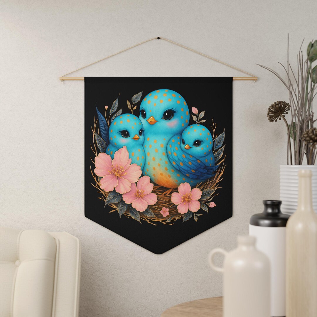 Blue Bird Pennant Wall Banner, Cute Nesting Birds With Pink Flowers ...
