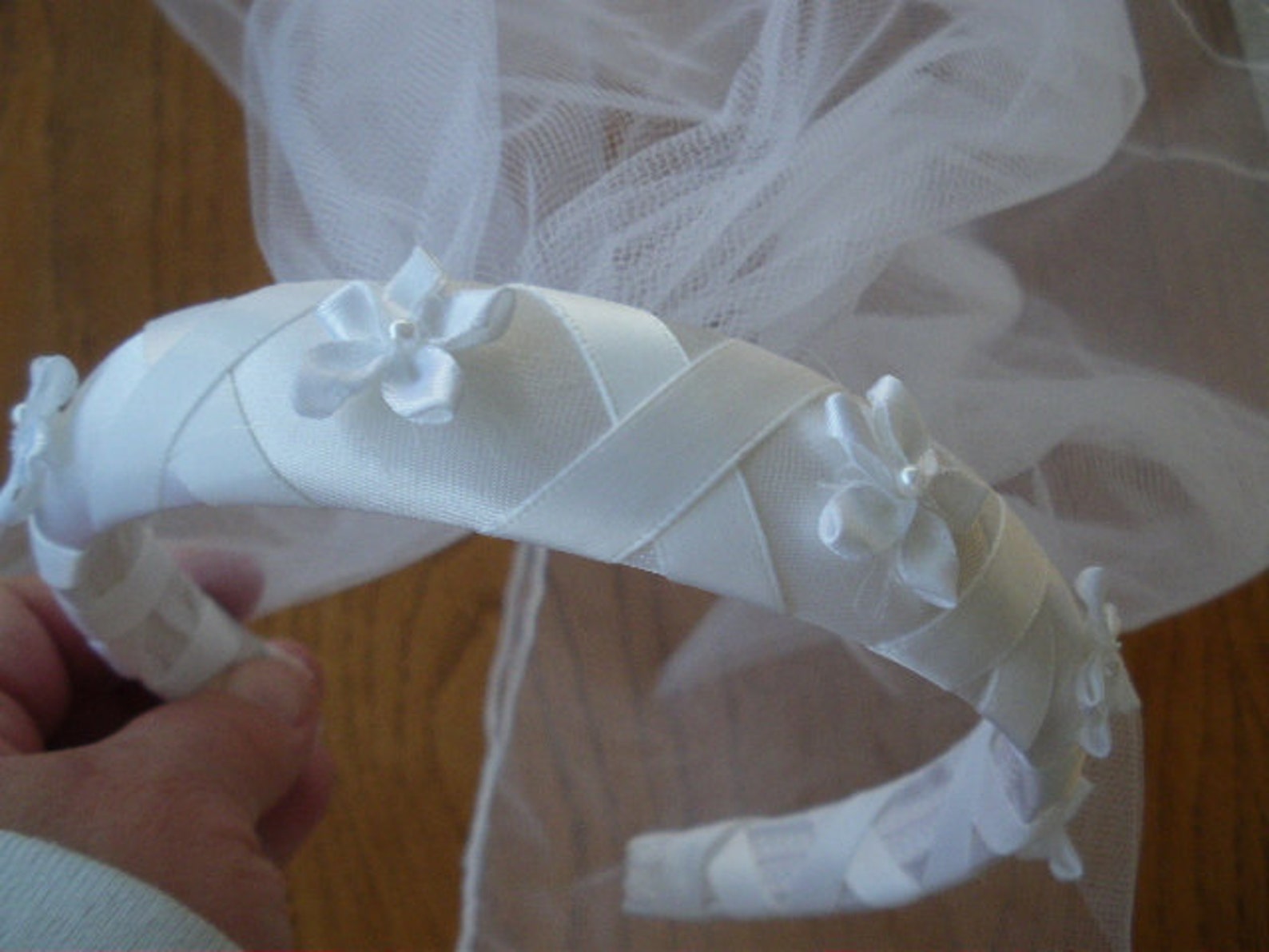 First Communion Ribbon Braided Headband With White Satin Flowers,. Veil ...