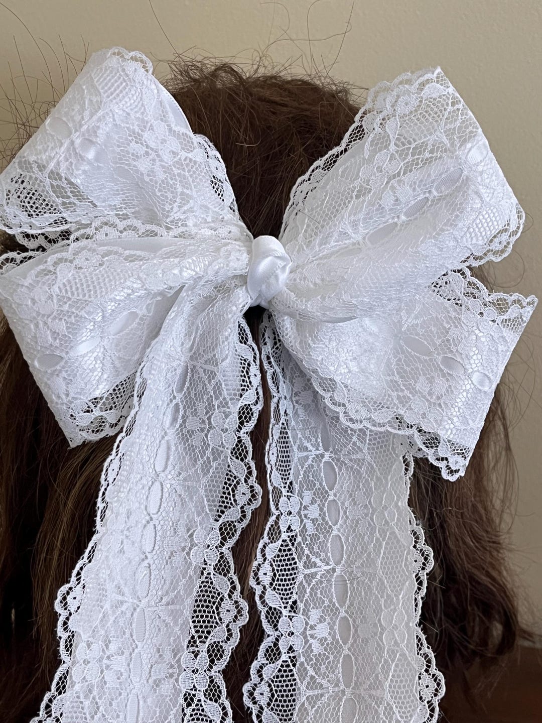 White Lace and Satin Long Tail Bow, Lace Hairbow With Streamers, Lace ...
