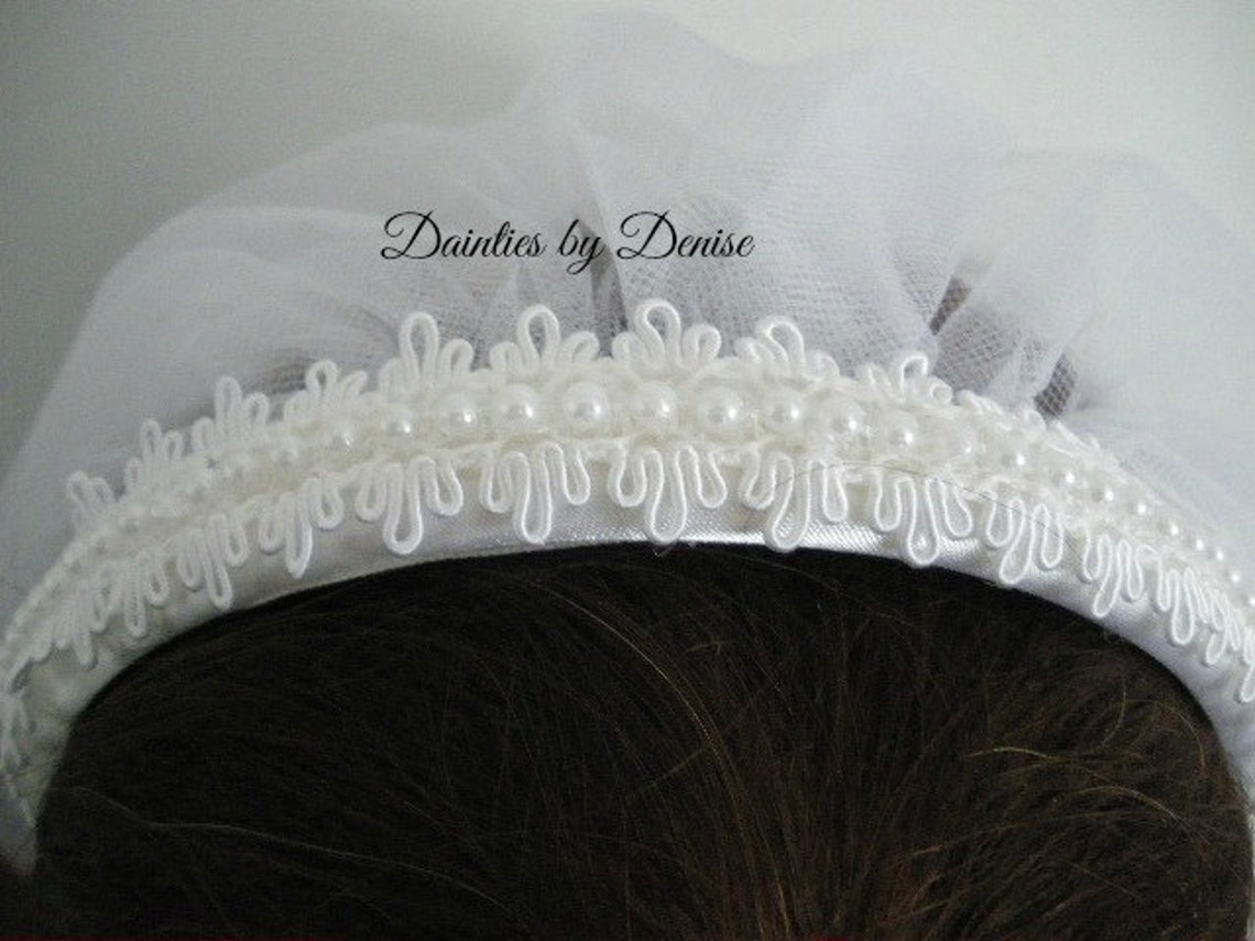 First Communion White Satin Headband With Daisy and Pearls With Edged ...