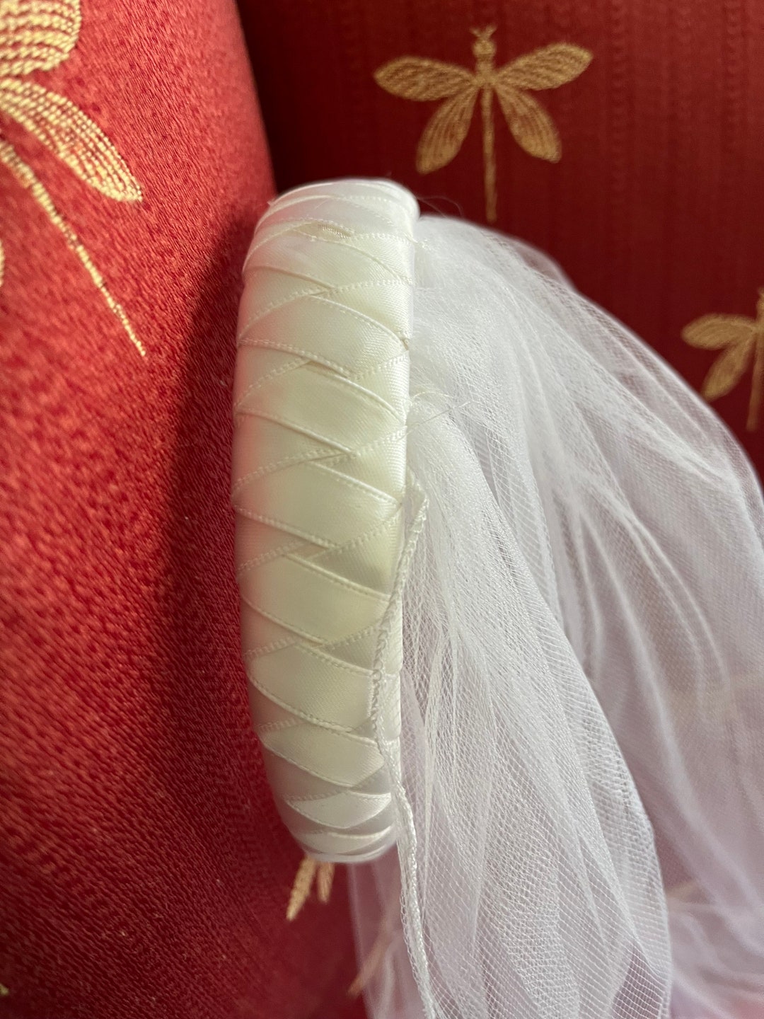 First Communion Basket Weave Ribbon Braided Headband Veil Attached ...