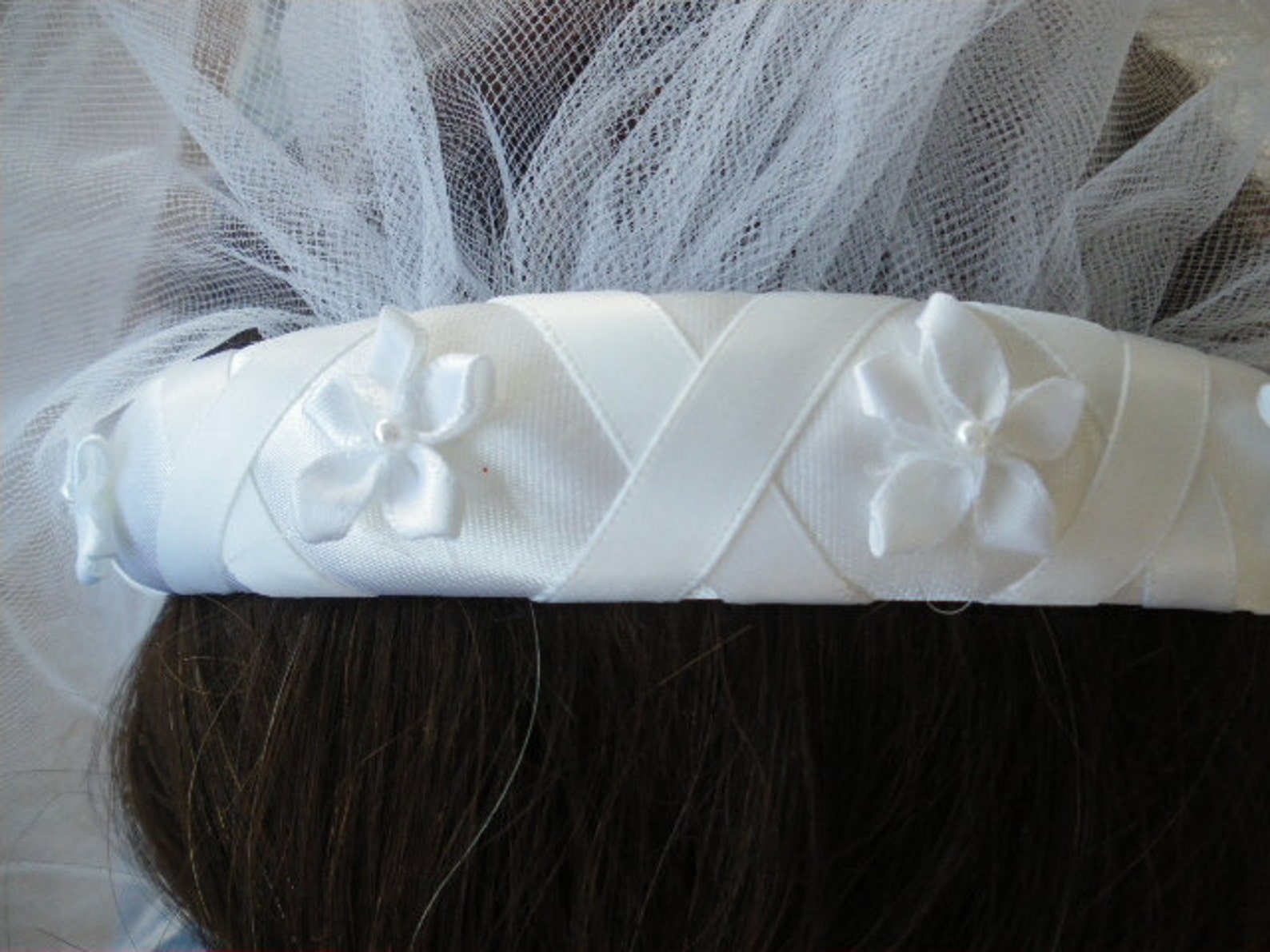 First Communion Ribbon Braided Headband With White Satin Flowers,. Veil ...