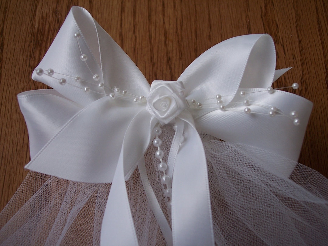 First Communion Boutique Bow Veil With Ribbon Rose Center,ribbon and ...