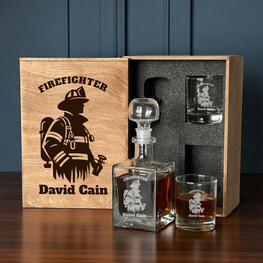 Fireman Whiskey Decanter Set With Engraved Glasses Fire Department ...