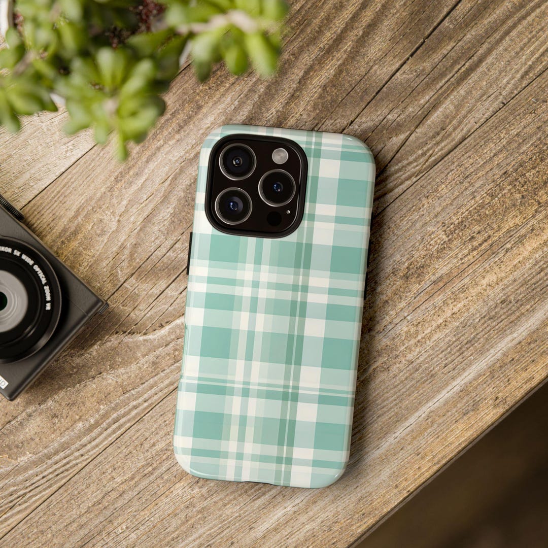 Sea Green Plaid Phone Case: Gingham Print, Shock-absorbing Silicone - Etsy