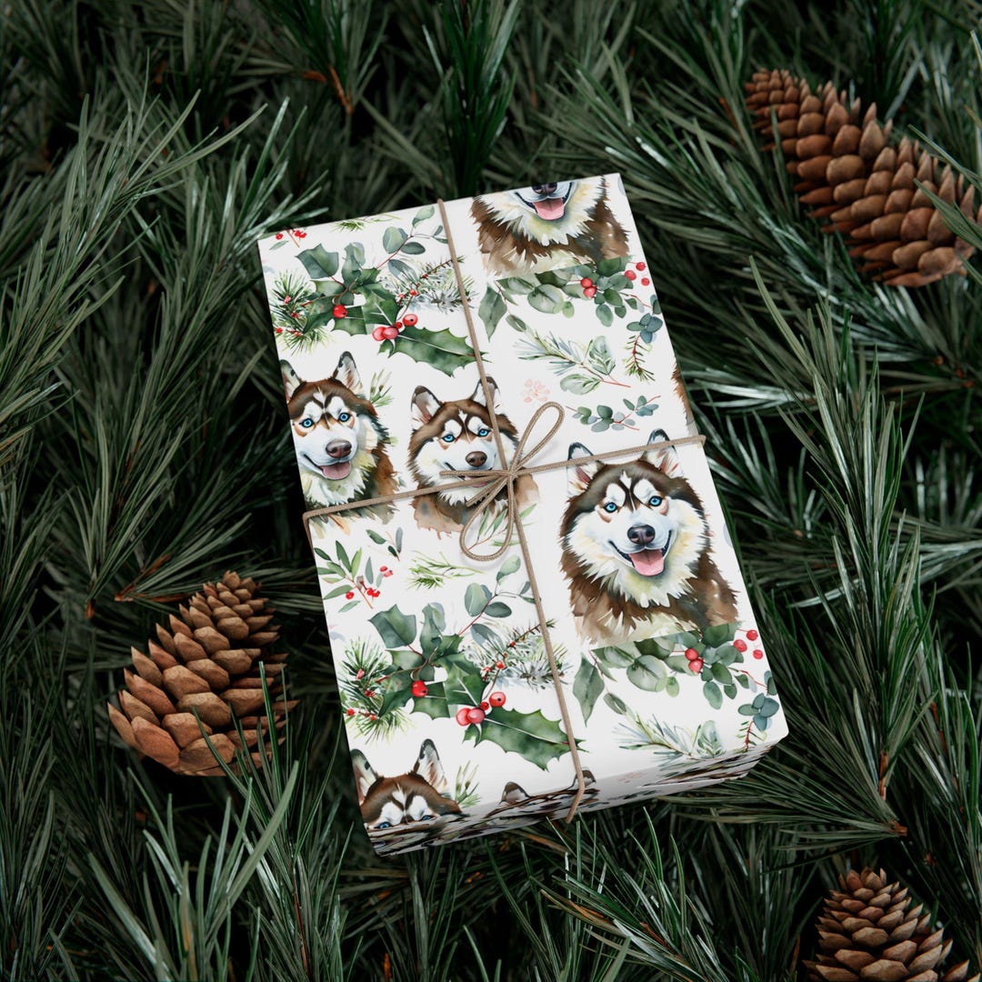 Red Husky Gift Wrap | Holiday Holly and Berries Wrapping Paper - Etsy