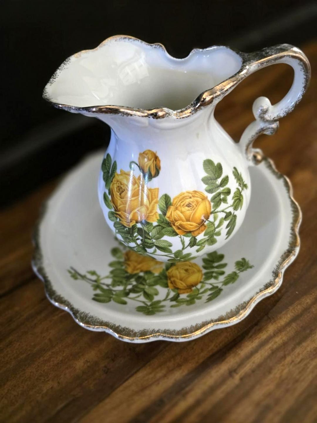 Vintage Enesco Pitcher and Bowl Set With Yellow Rose Design With Gold ...