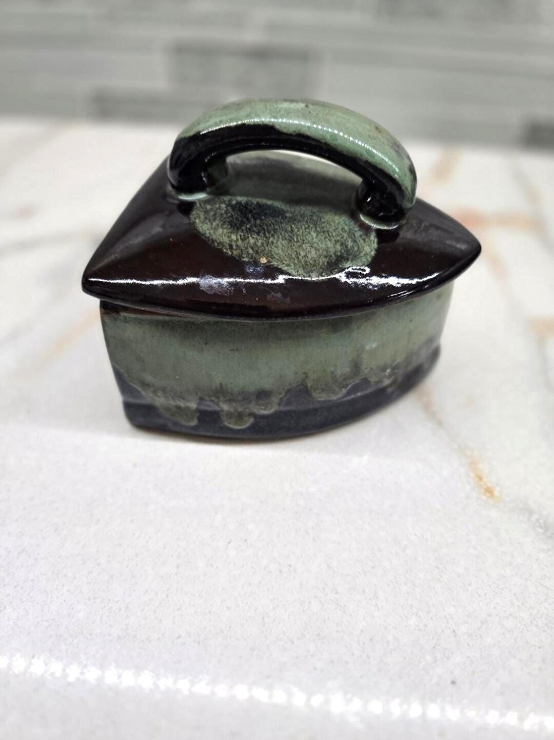 Vintage Redware Pottery Clothing Iron Shaped Lidded Trinket Box Drip ...