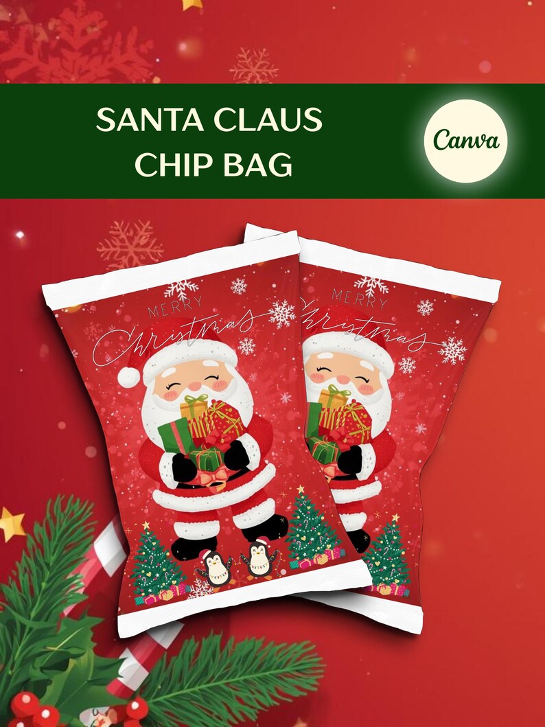 Santa Chip Bag Templates, Santa Claus Chip Bags, Christmas Canva Chip ...