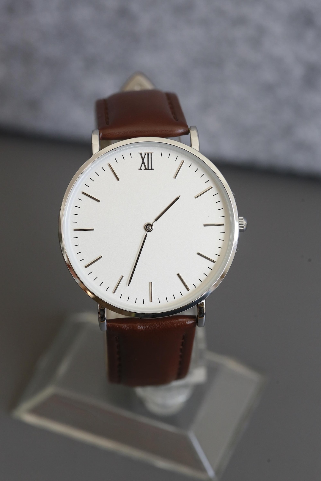 Custom Engraved Watch: Minimalist White Face, Brown Leather Strap - Etsy