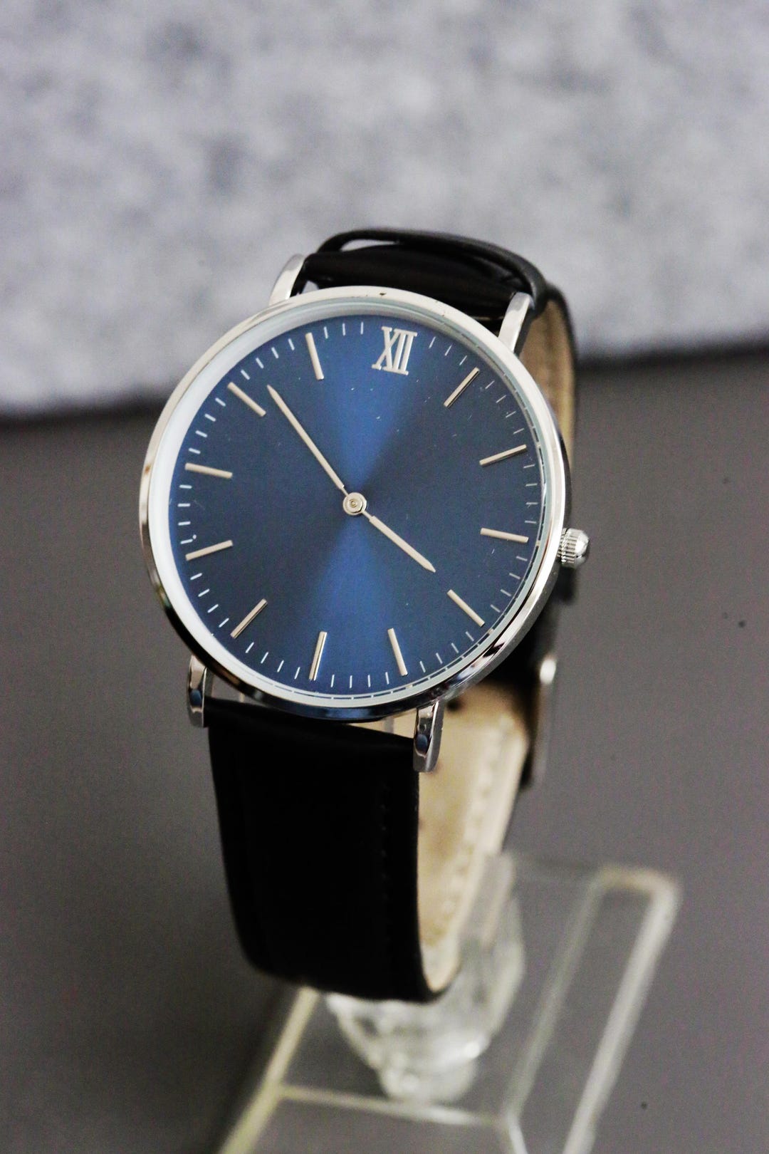 Custom Minimalist Blue Face Black Leather Watch for Men Watch Gift for ...