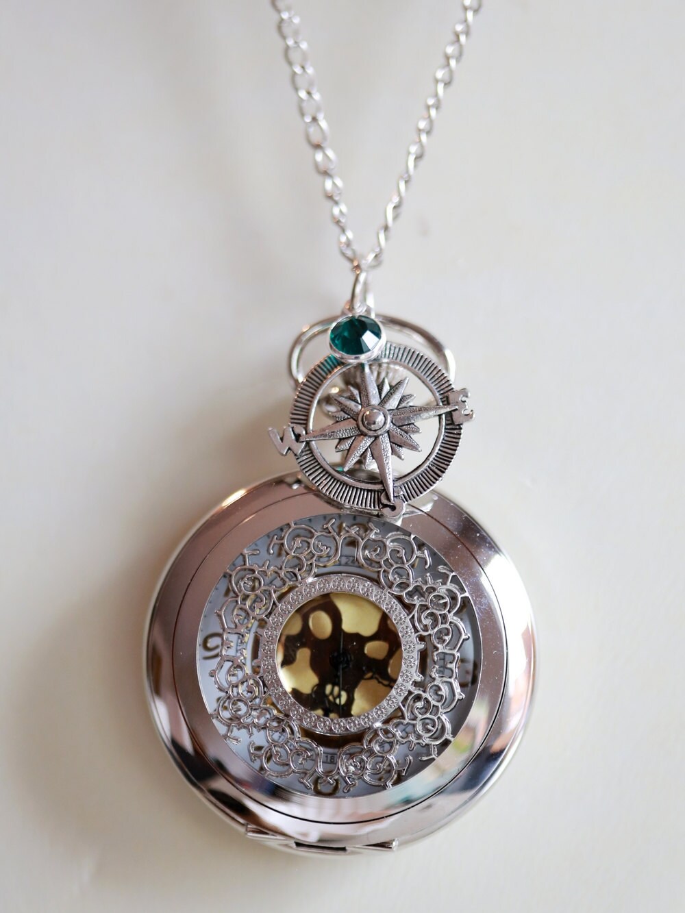 Pocket Watch Necklace With Compass Charm ,birthstone,jewelry Gift ...