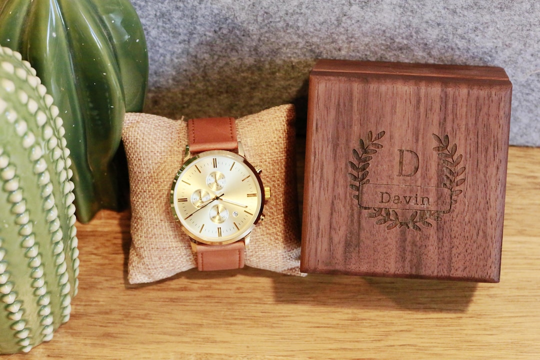 Watch, Engraved Watch for Men, Gold Face Leather Band Watch ...