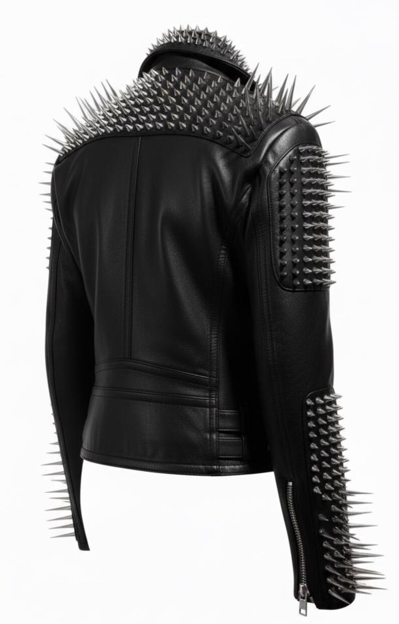 Men's Handmade Full Long Spiked Studded Black Punk Silver Motorcycle ...