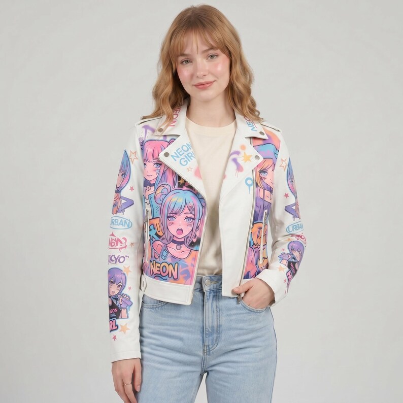 Women's Neon Pastel Anime Leather Jacket, Graphic Japanese Kawaii Style ...